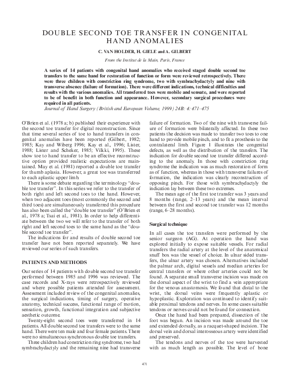 (PDF) DOUBLE SECOND TOE TRANSFER IN CONGENITAL HAND ANOMALIES