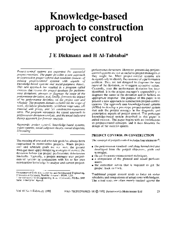 (PDF) Knowledge-based approach to construction project control