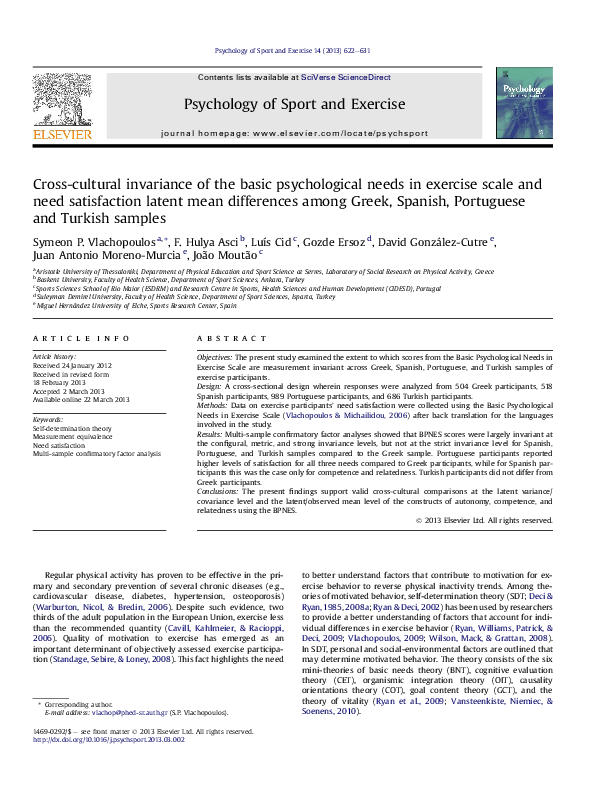 Pdf Validation Of The Basic Psychological Needs In Exercise Scale In A Portuguese Sample
