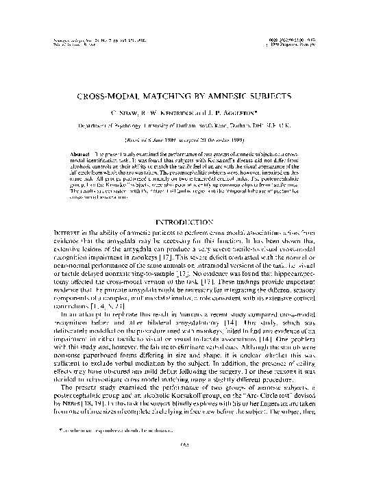 (PDF) Cross-modal matching by amnesic subjects