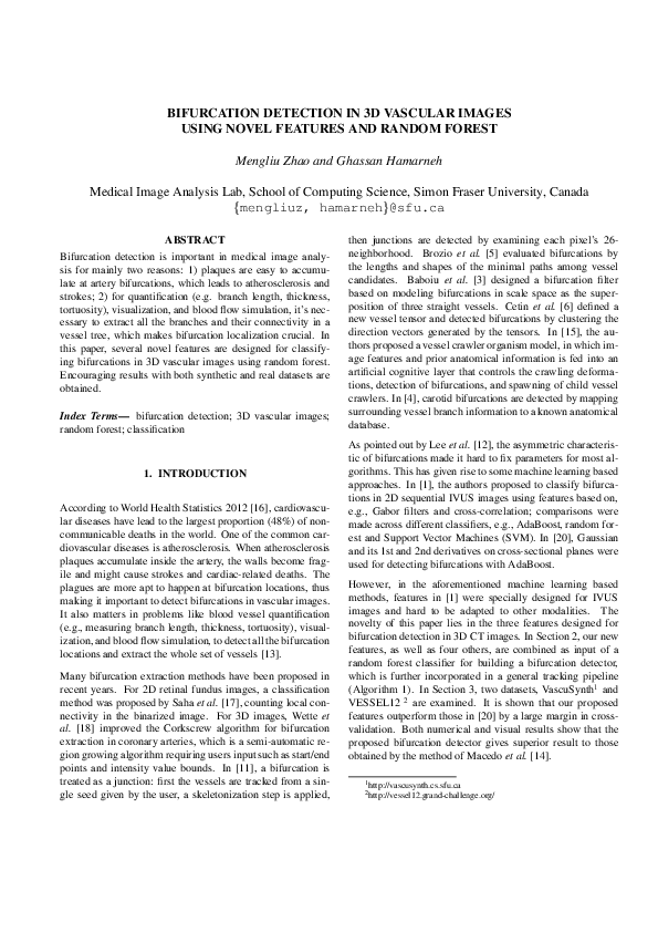 Pdf Bifurcation Detection In 3d Vascular Images Using Novel Features And Random Forest