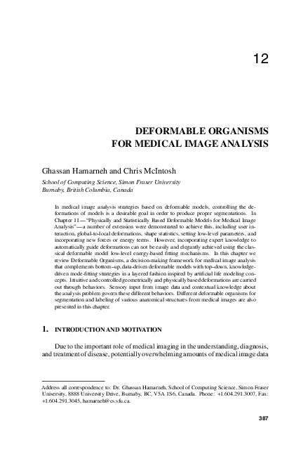 (PDF) DEFORMABLE ORGANISMS FOR MEDICAL IMAGE ANALYSIS