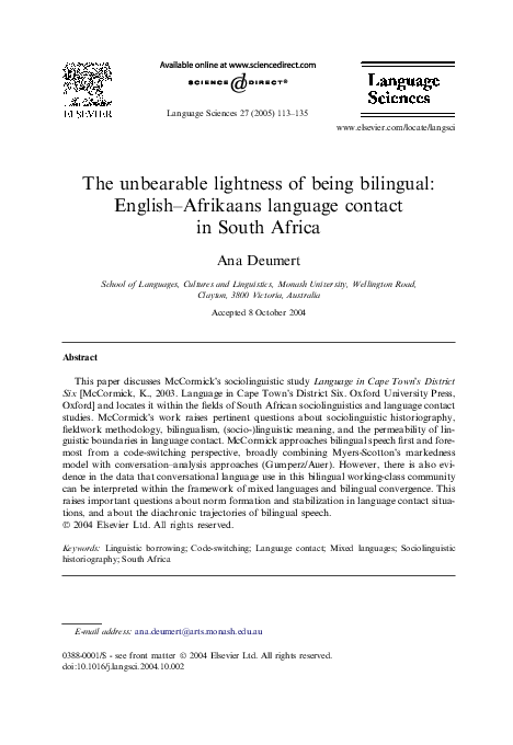 (PDF) The unbearable lightness of being bilingual: English–Afrikaans language contact in South ...