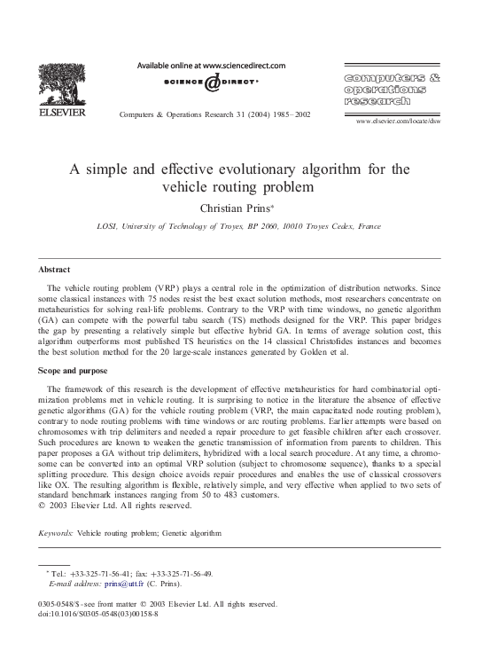 Pdf A Simple And Effective Evolutionary Algorithm For The Vehicle Routing Problem