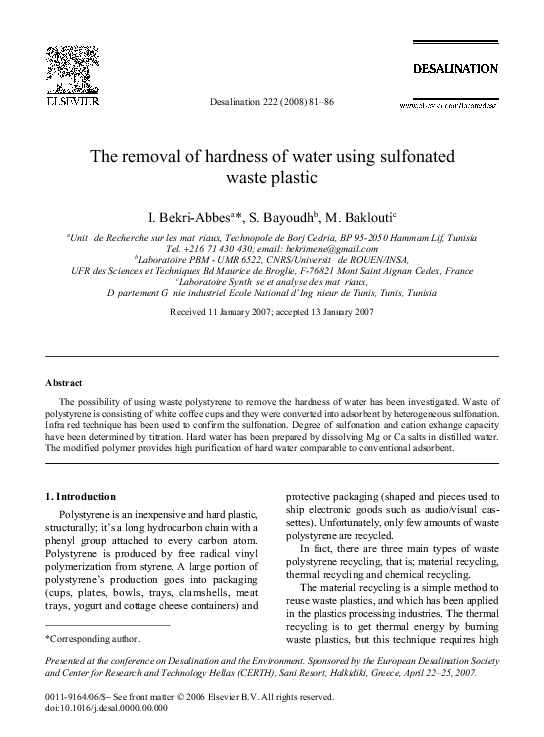 (PDF) The removal of hardness of water using sulfonated waste plastic