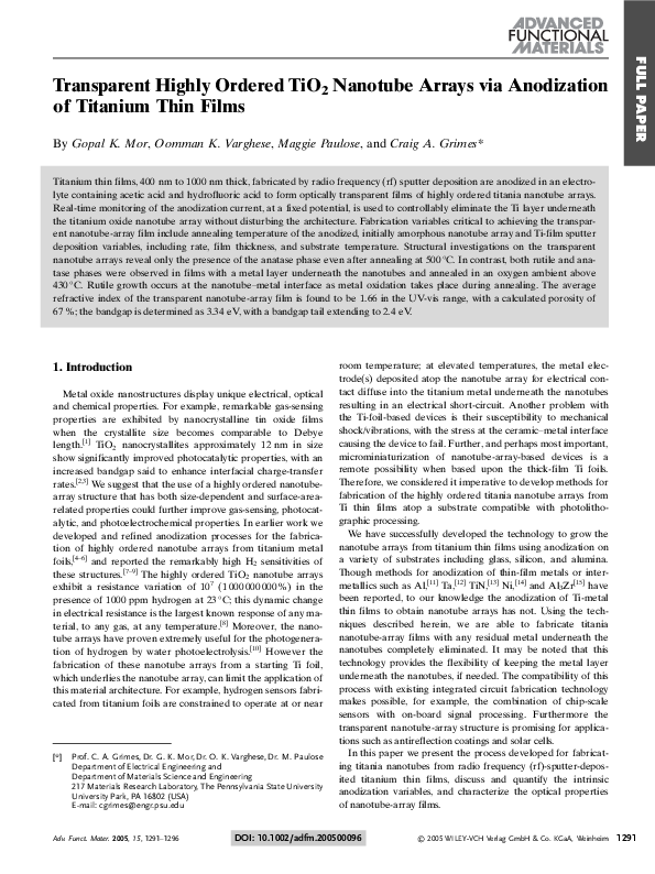 (PDF) Transparent highly ordered TiO2 nanotube arrays via anodization of titanium thin films