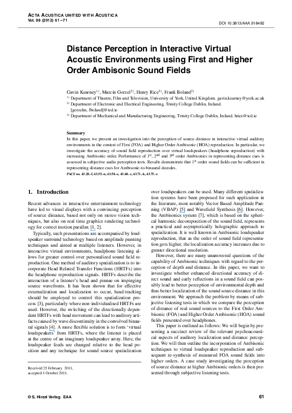 (PDF) Distance Perception in Interactive Virtual Acoustic Environments ...