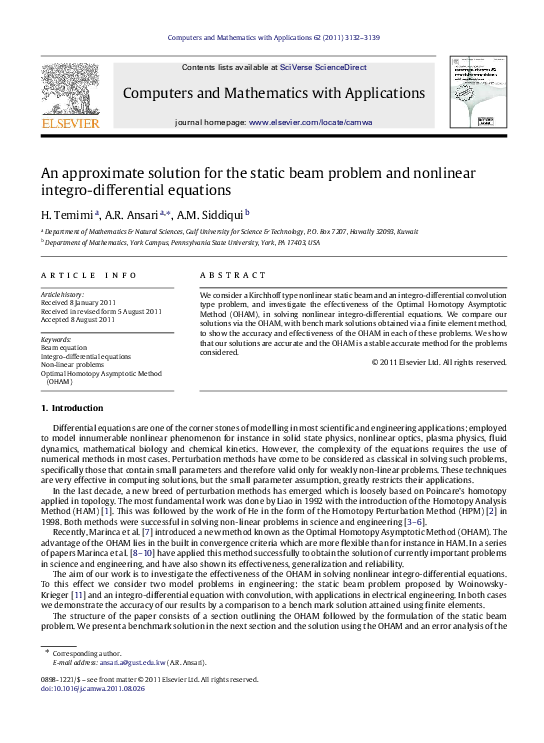 (PDF) An approximate solution for the static beam problem and nonlinear integro-differential ...