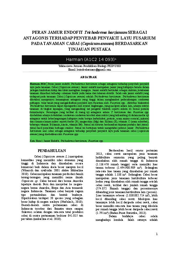 (DOC) PERAN JAMUR ENDOFIT Trichoderma harzianum SEBAGAI ANTAGONIS ...