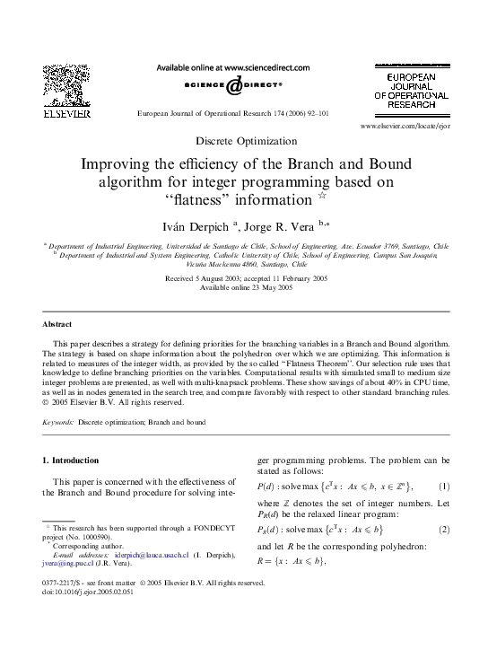 Pdf Improving The Efficiency Of The Branch And Bound Algorithm For Integer Programming Based