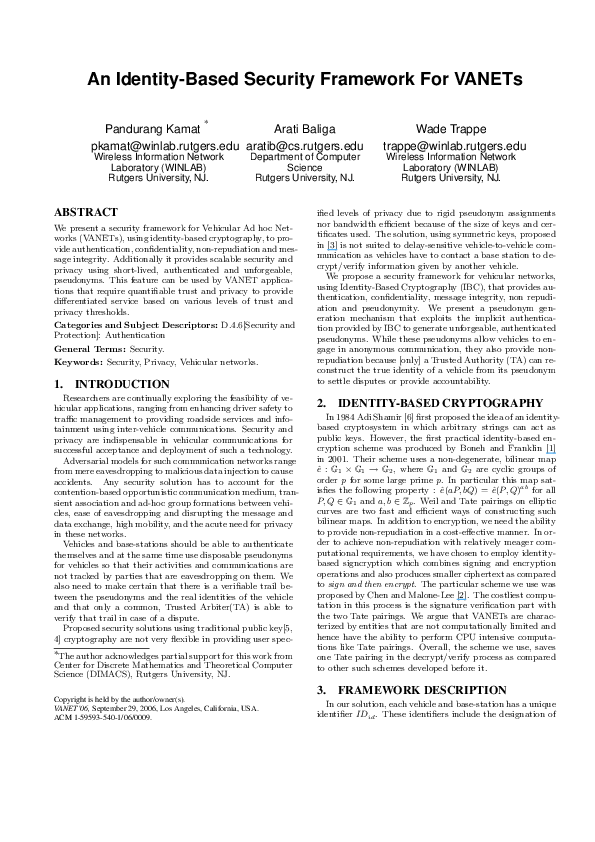 (PDF) An identity-based security framework For VANETs