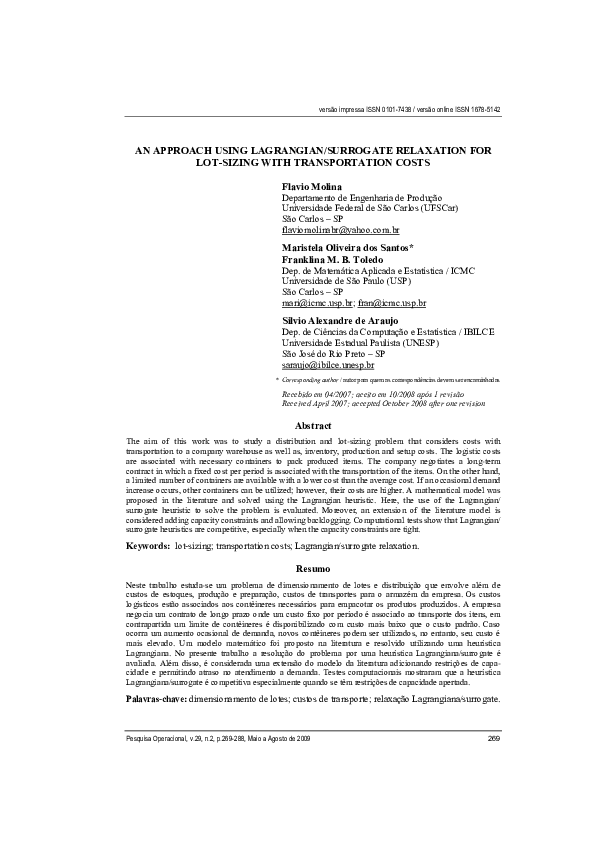 (PDF) An approach using Lagrangian/surrogate relaxation for lot-sizing with transportation costs