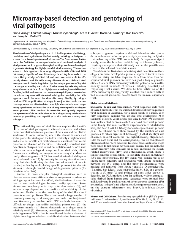 Pdf Microarray Based Detection And Genotyping Of Viral Pathogens