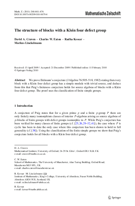 (PDF) Klein Four Defect Groups and Simple Modules