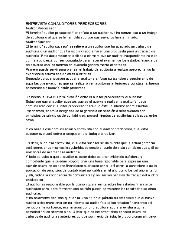 (DOC) ENTREVISTA CON AUDITORES PREDECESORES Auditor