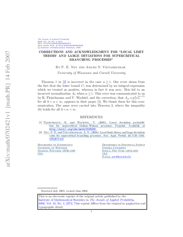 Pdf Corrections And Acknowledgment For “local Limit Theory And Large Deviations For