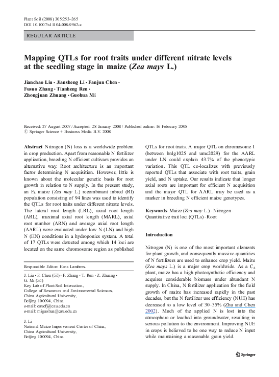 Pdf Mapping Qtls For Root Traits Under Different Nitrate Levels At