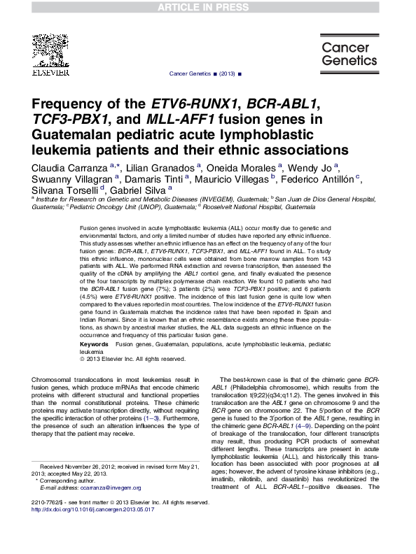 (PDF) Frequency of the ETV6-RUNX1, BCR-ABL1, TCF3-PBX1, and MLL-AFF1 fusion genes in Guatemalan ...