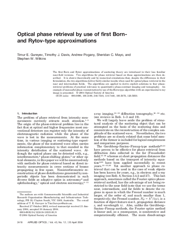 (PDF) Optical Phase Retrieval by Use of First Born and Rytov-Type Approximations