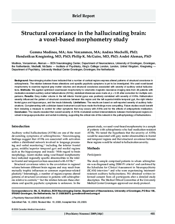 (PDF) Structural covariance in the hallucinating brain: a voxel-based morphometry study