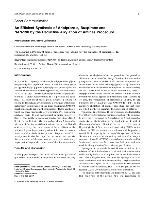 (PDF) An Efficient Synthesis of Aripiprazole, Buspirone and NAN‐190 by ...