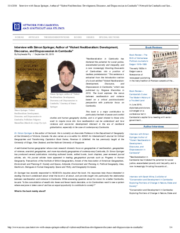 (PDF) Interview with Simon Springer, Author of “Violent Neoliberalism ...