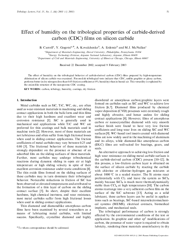(PDF) Effect of humidity on the tribological properties of carbide-derived carbon (CDC) films on ...