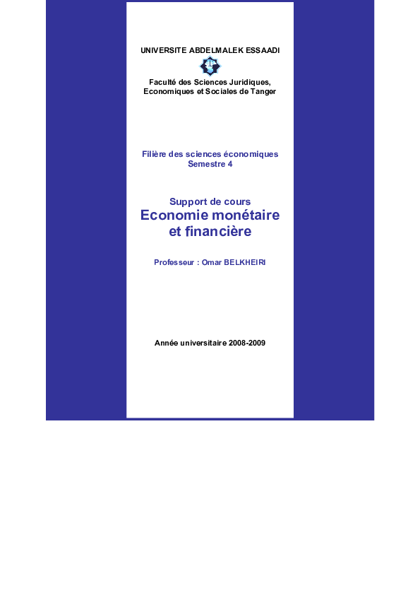 Filière des sciences économiques Semestre 4 Economie Monétaire et ...