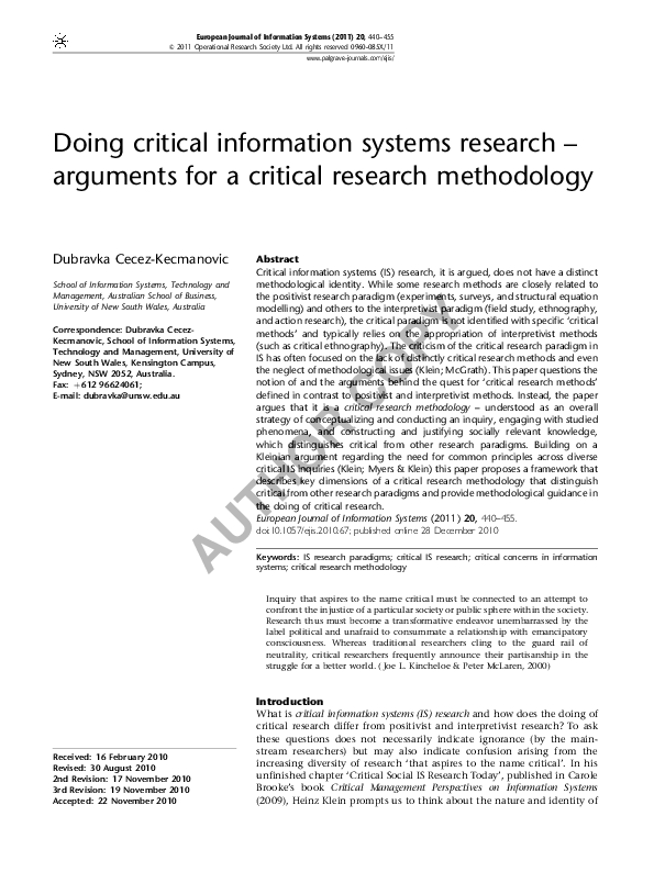 (PDF) Doing critical information systems research – arguments for a ...