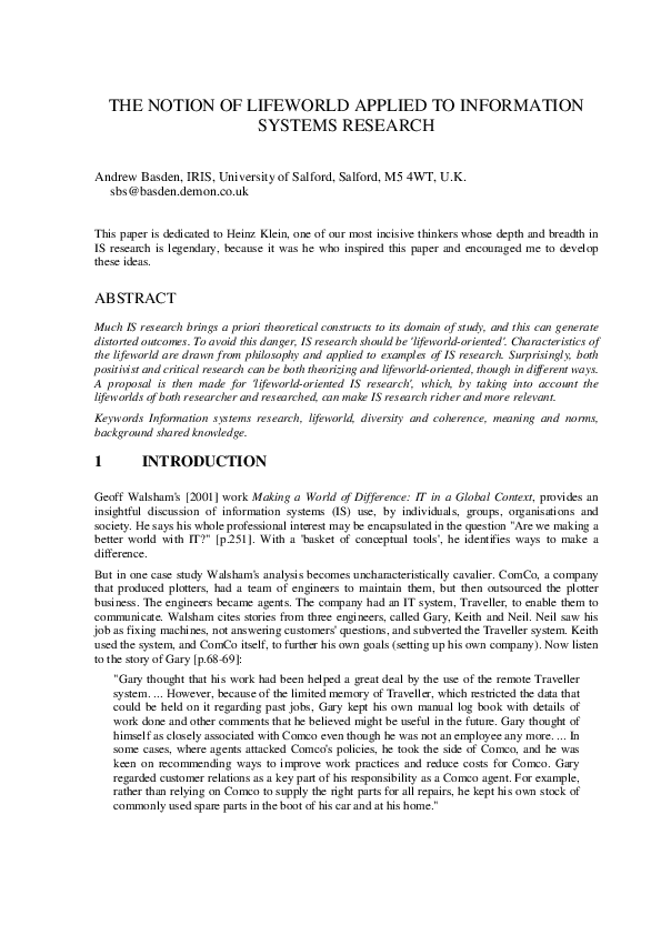 (PDF) The notion of lifeworld applied to information systems research