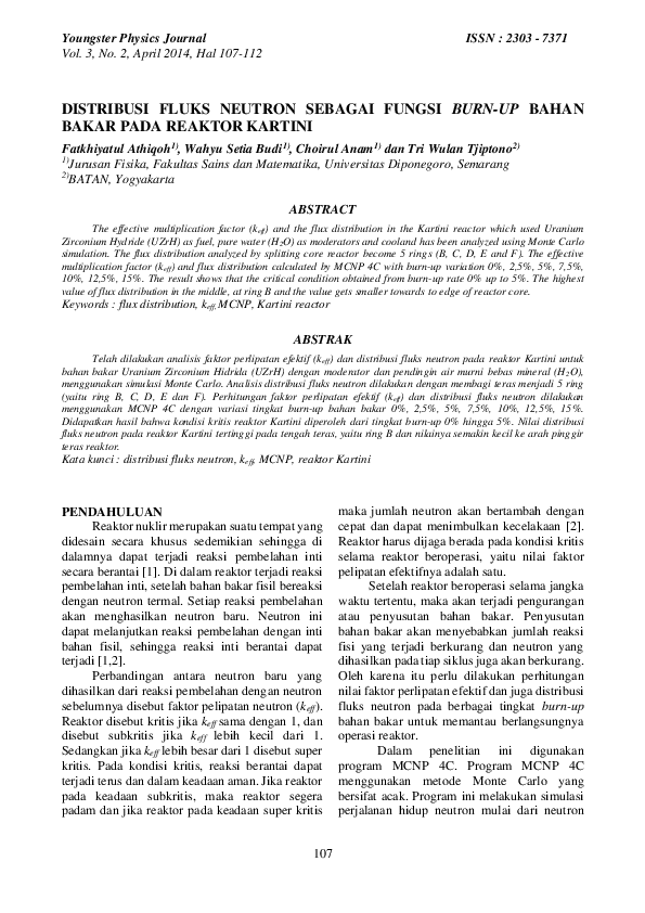 (PDF) Distribusi Fluks Neutron Sebagai Fungsi Burn-Up Bahan Bakar Pada ...