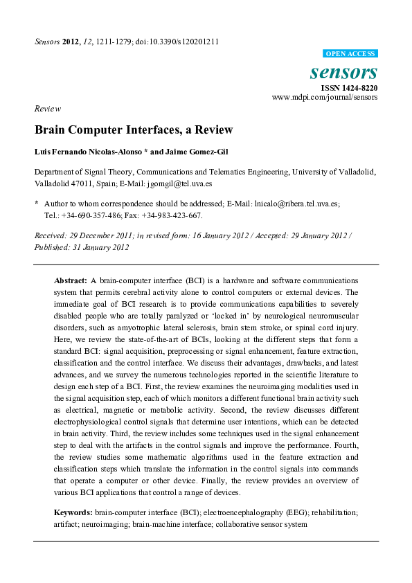 (PDF) Brain Computer Interfaces, a Review