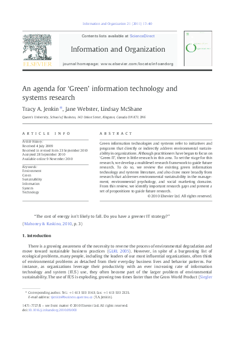 (PDF) An agenda for 'Green'information technology and systems research