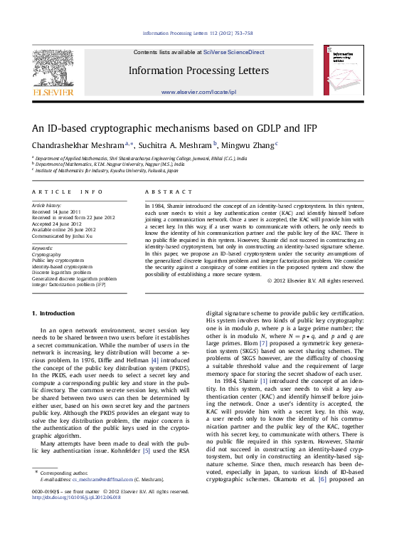 (PDF) An ID-based cryptographic mechanisms based on GDLP and IFP