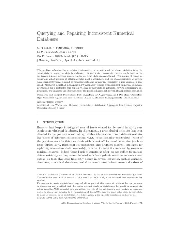 Pdf Querying And Repairing Inconsistent Numerical Databases 