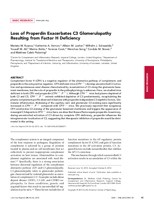 (PDF) Loss of Properdin Exacerbates C3 Glomerulopathy Resulting from ...