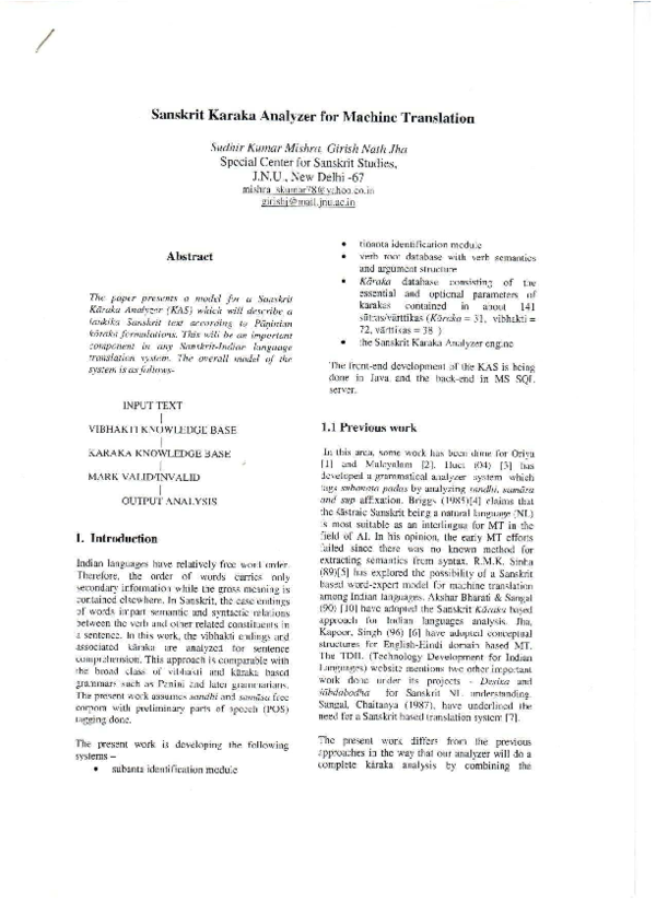 (PDF) Sanskrit Karaka Analyzer for Machine Translation | Sudhir K ...