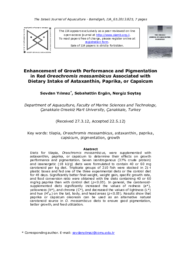 (PDF) Enhancement of Growth Performance and Pigmentation in Red Oreochromis mossambicus ...