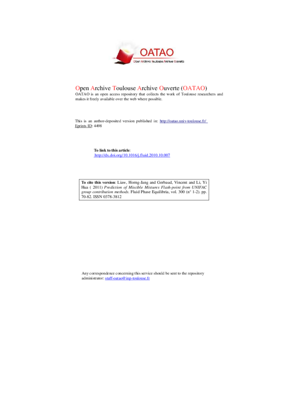 (PDF) Prediction of miscible mixtures flash-point from UNIFAC group ...