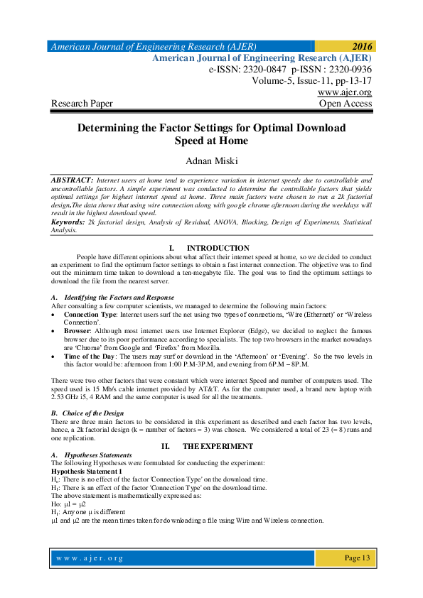 (PDF) Determining the Factor Settings for Optimal Download Speed at Home