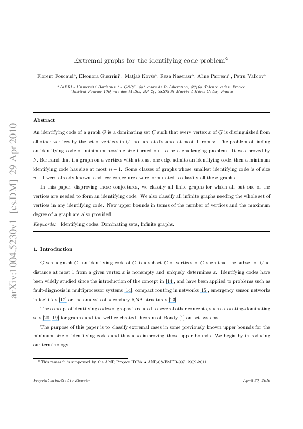 (PDF) Extremal graphs for the identifying code problem
