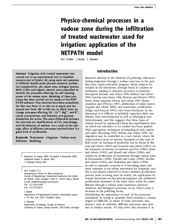 (PDF) Physico-chemical processes in a vadose zone during the infiltration of treated wastewater ...