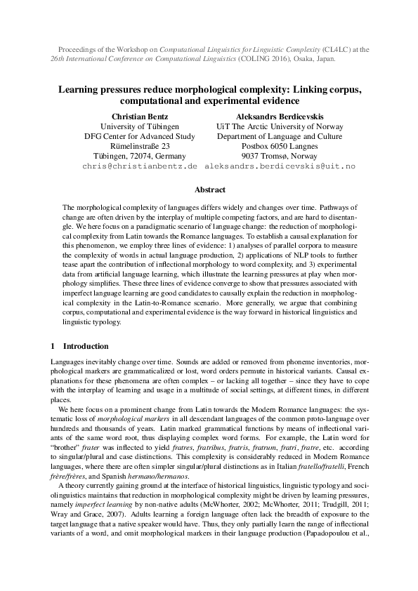 Learning pressures reduce morphological complexity: Linking corpus, computational and ...