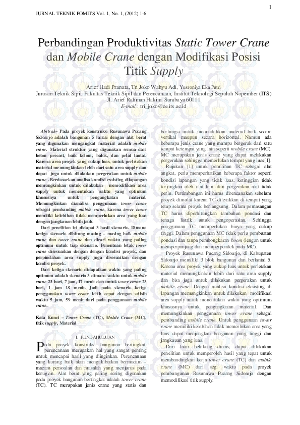 (PDF) Perbandingan Produktivitas Static Tower Crane dan Mobile Crane dengan Modifikasi Posisi ...