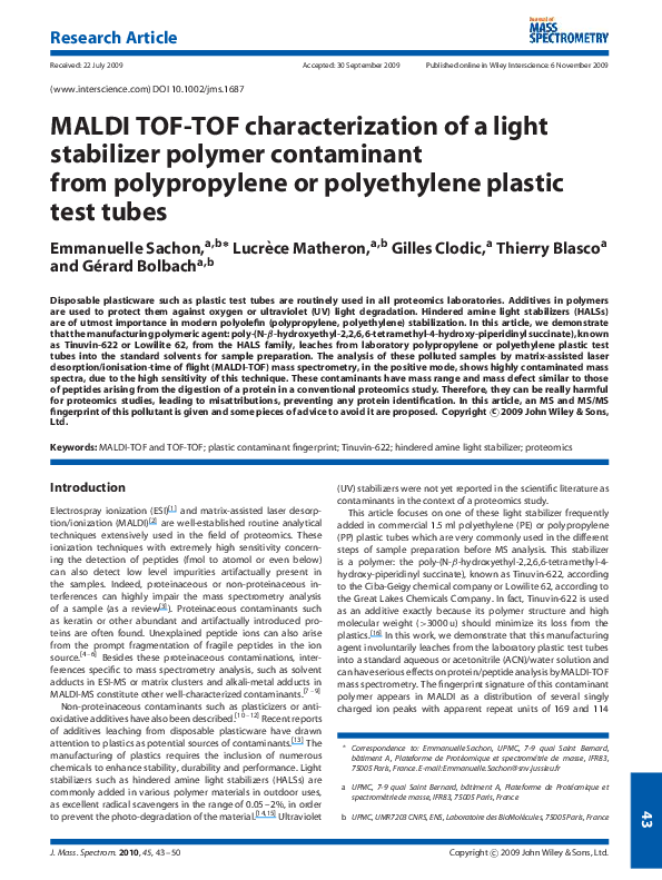 (PDF) MALDI TOF‐TOF characterization of a light stabilizer polymer ...