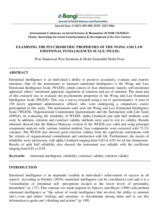 (PDF) EXAMINING THE PSYCHOMETRIC PROPERTIES OF THE WONG AND LAW ...