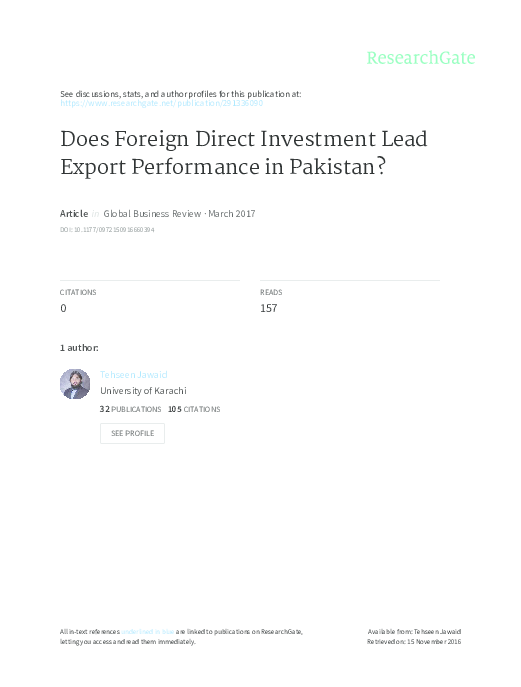 Does Foreign Direct Investment Lead Export Performance in Pakistan? Does Foreign Direct Investment Lead Export Performance in Pakistan?