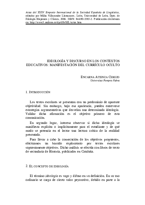 (PDF) Ideología y discurso en los contextos educativos: manifestación del currículo oculto