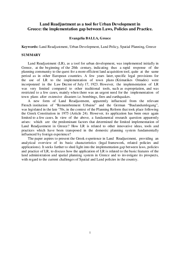 (PDF) Land Readjustment as a tool for Urban Development in Greece: the ...