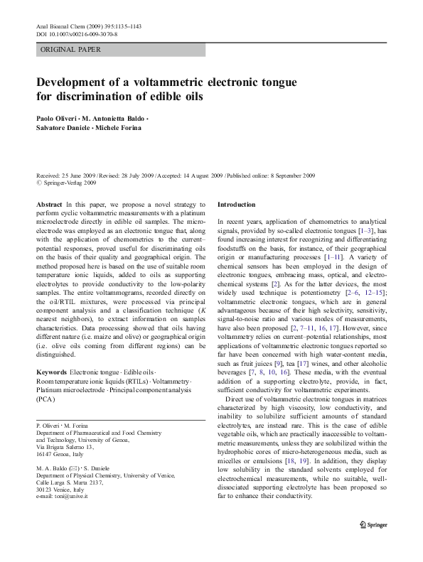 Pdf Development Of A Voltammetric Electronic Tongue For Discrimination Of Edible Oils